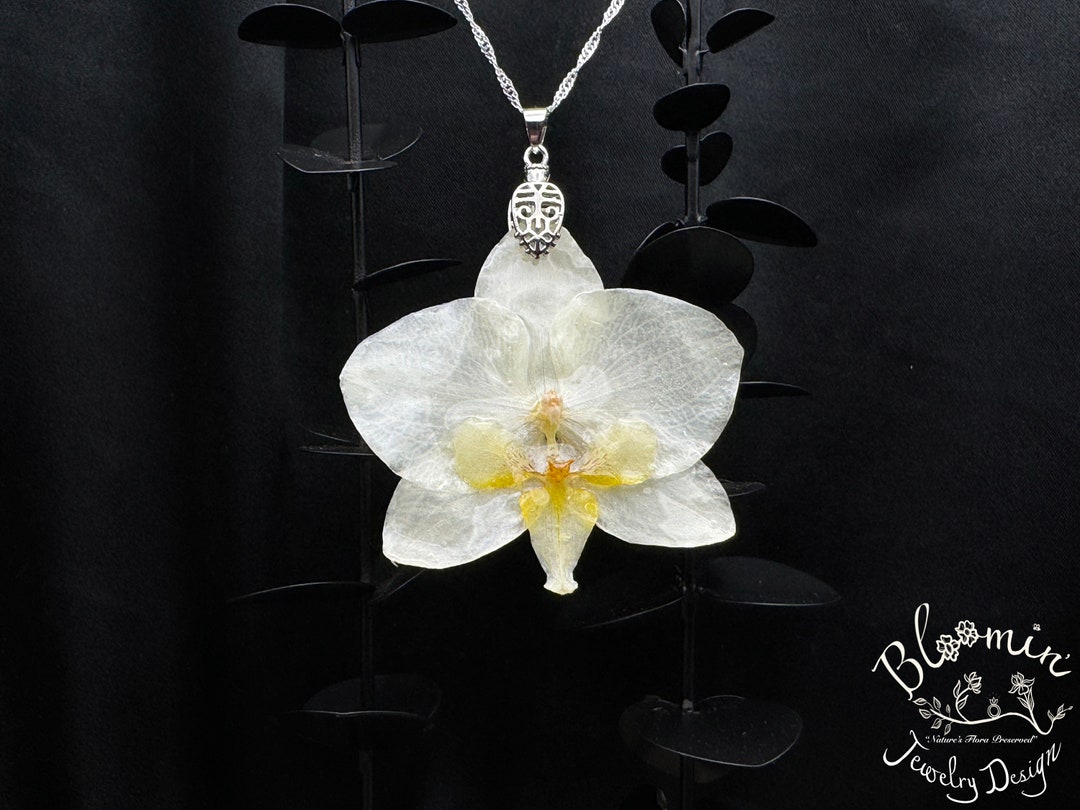 REAL ORCHID Necklace, Large White Preserved Orchid, 925 Silver ...