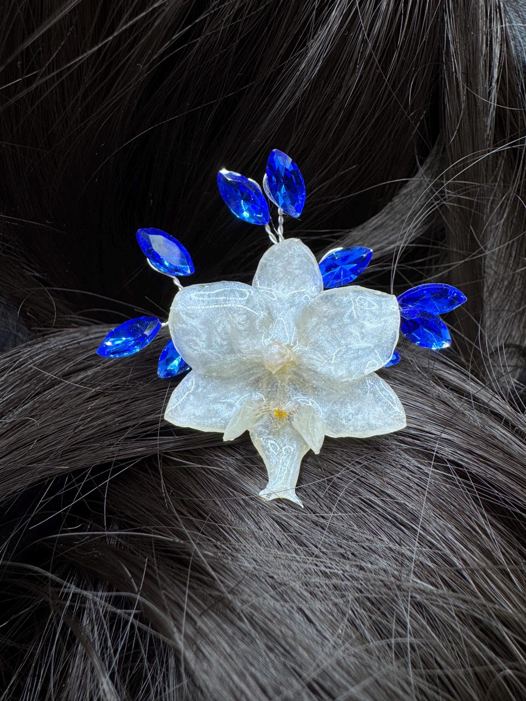 Real Orchid Hair Pin: Royal Blue Crystals, 2 Prong Flower Hairstyle ...