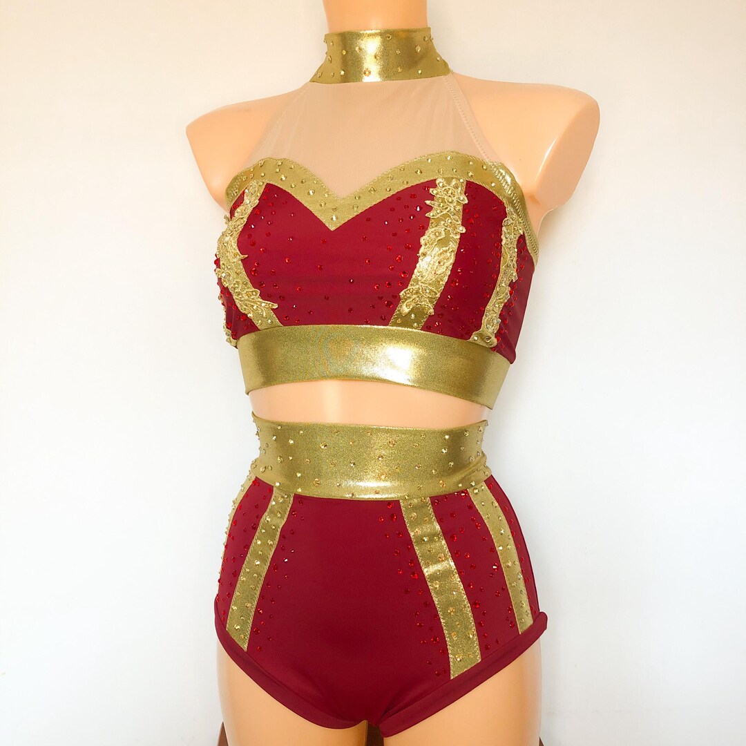 Circus Style Wine Red and Gold Dance Aerial 2 Piece Cirque Halter Set ...