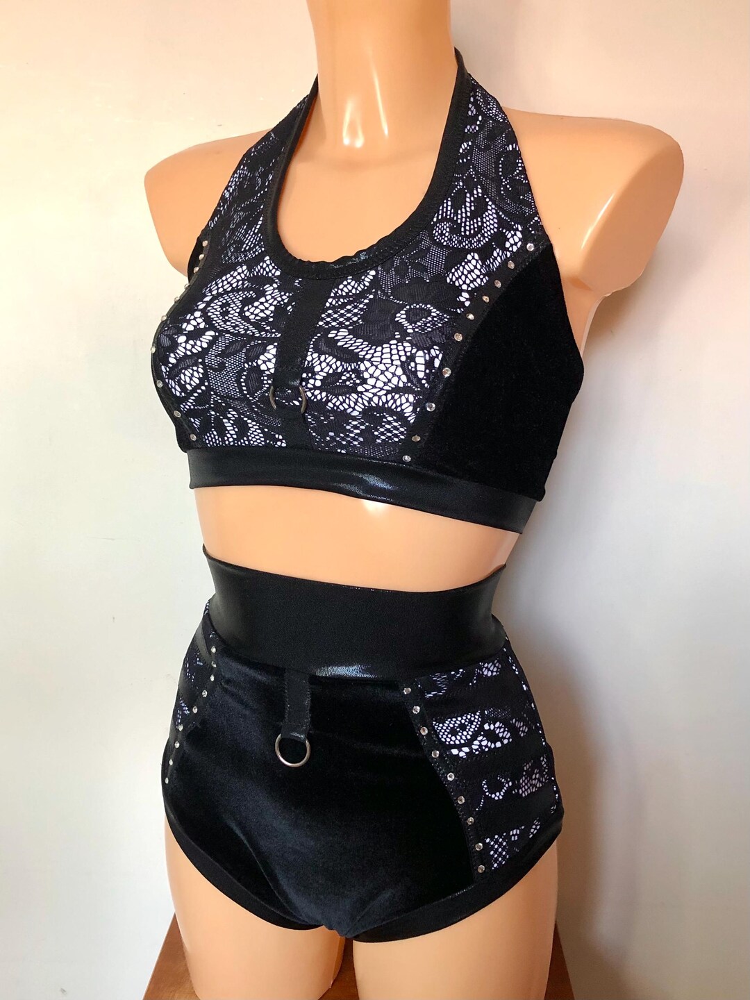 Black Velvet Wrestling Gear Lace Two Piece Aerial Circus Dance Costume ...