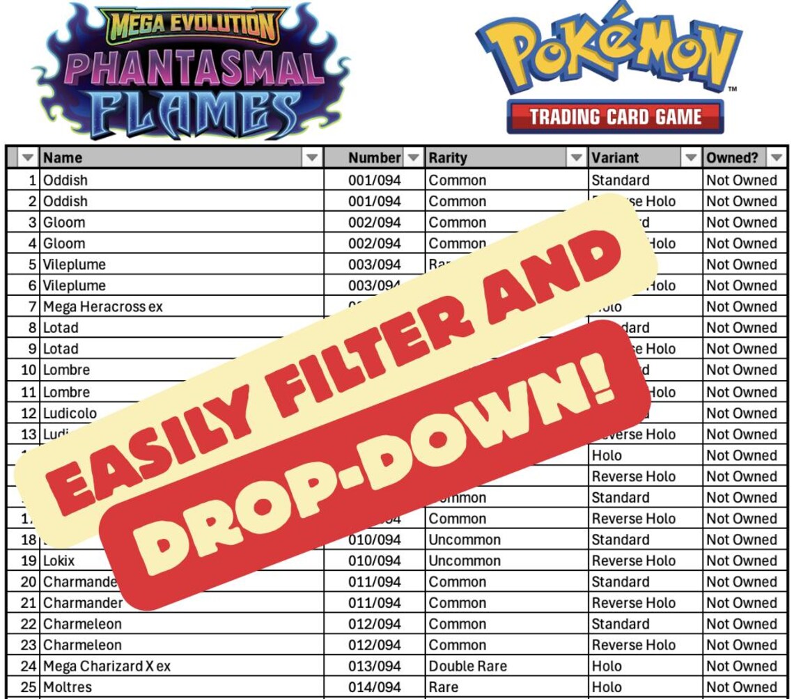 Spreadsheet - Pokemon Phantasmal Flames Master Set List Tracker ...