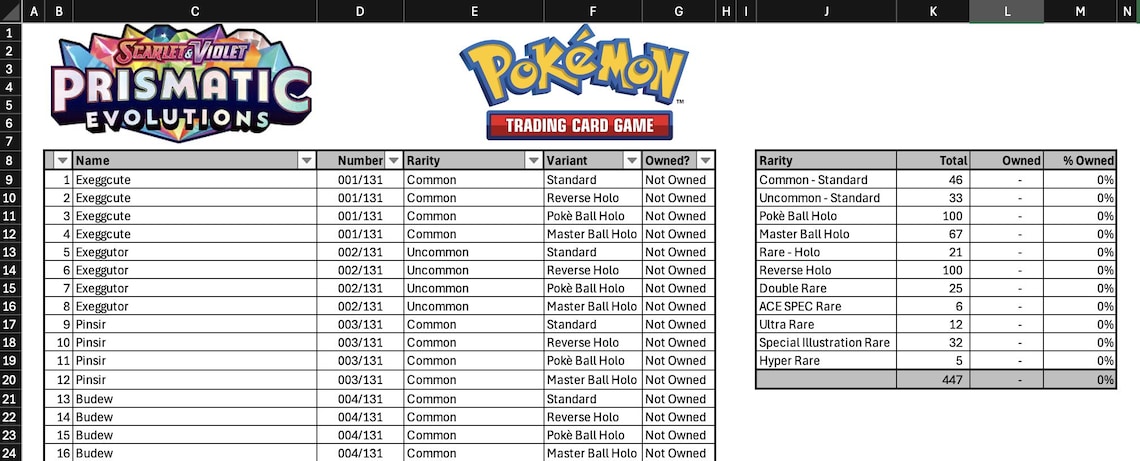 Pokemon Prismatic Evolutions Master Set Checklist - Excel Spreadsheet ...