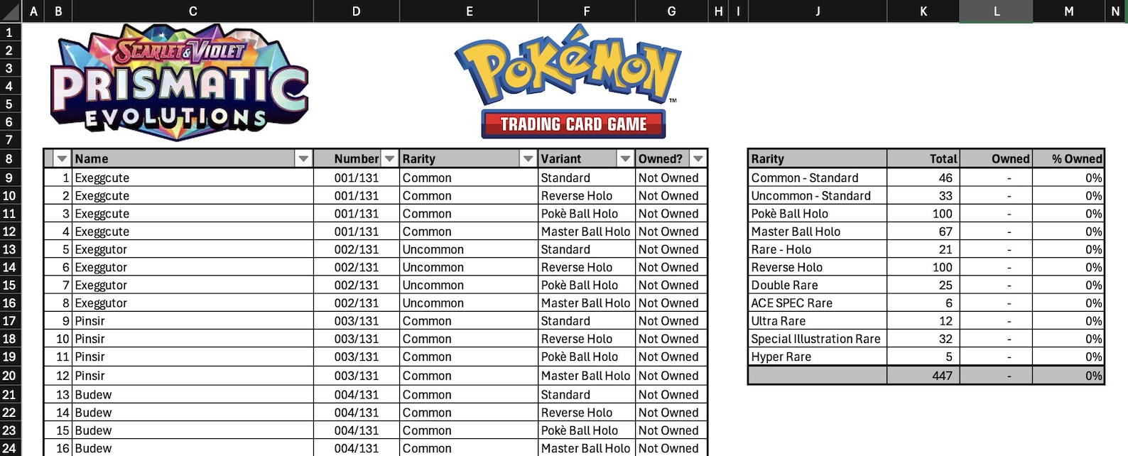 Pokemon Prismatic Evolutions Master Set Checklist - Excel Spreadsheet ...