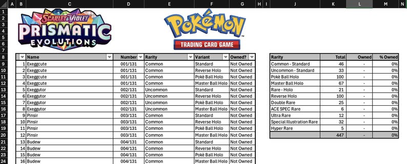 Pokemon Prismatic Evolutions Master Set Checklist - Excel Spreadsheet ...