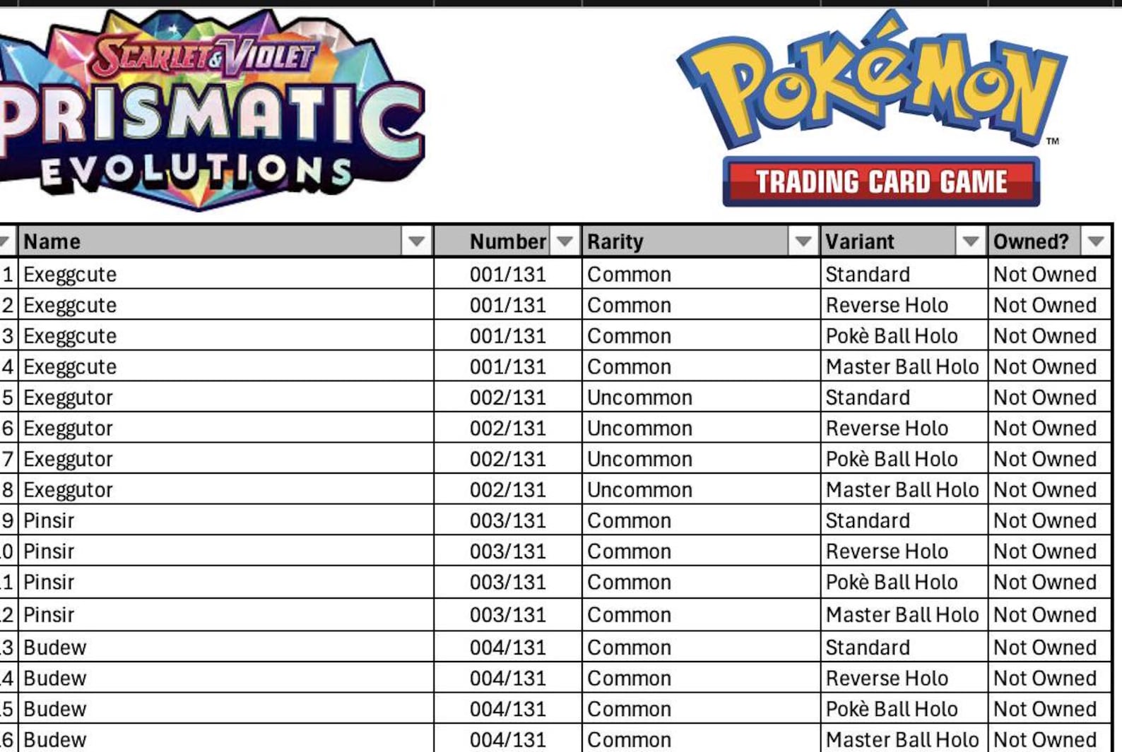 Pokemon Prismatic Evolutions Master Set Checklist - Excel Spreadsheet ...