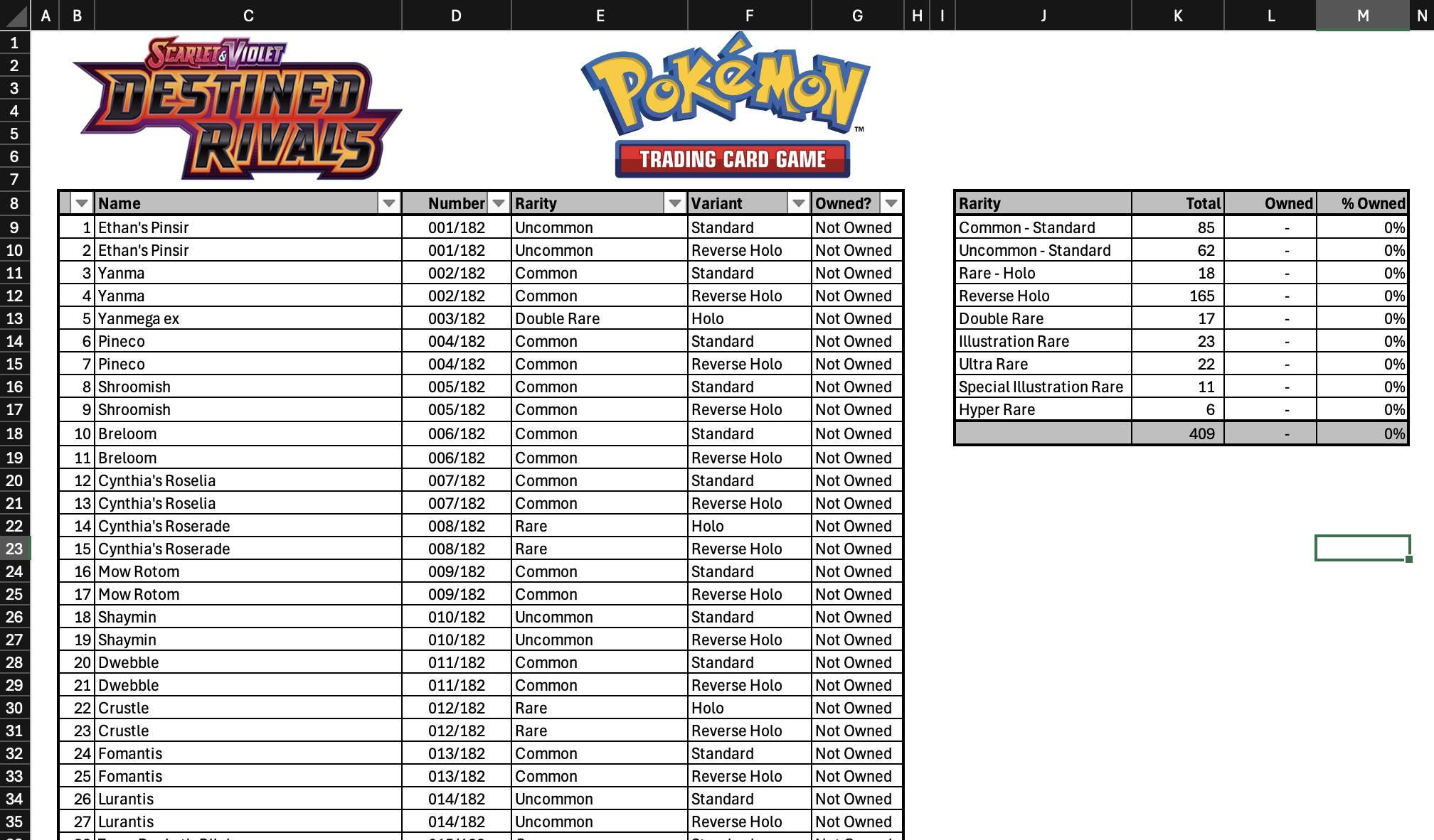 Pokemon TCG: Destined Rivals Master Set Tracker (excel Spreadsheet) - Etsy