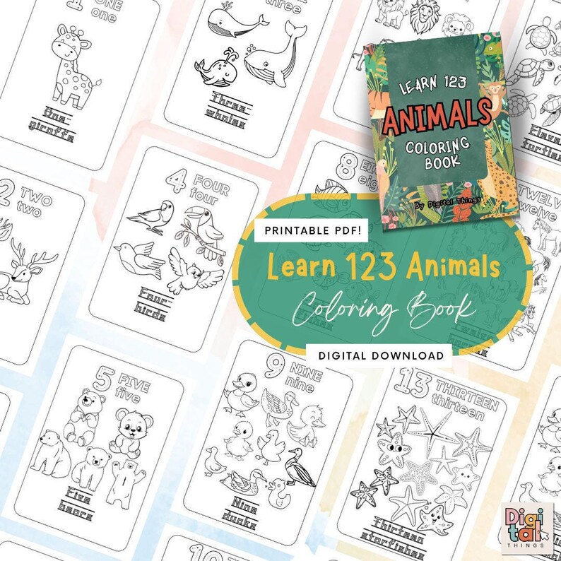 123 Animals Coloring Book, Printable Pages, Numbers Coloring Pages for ...