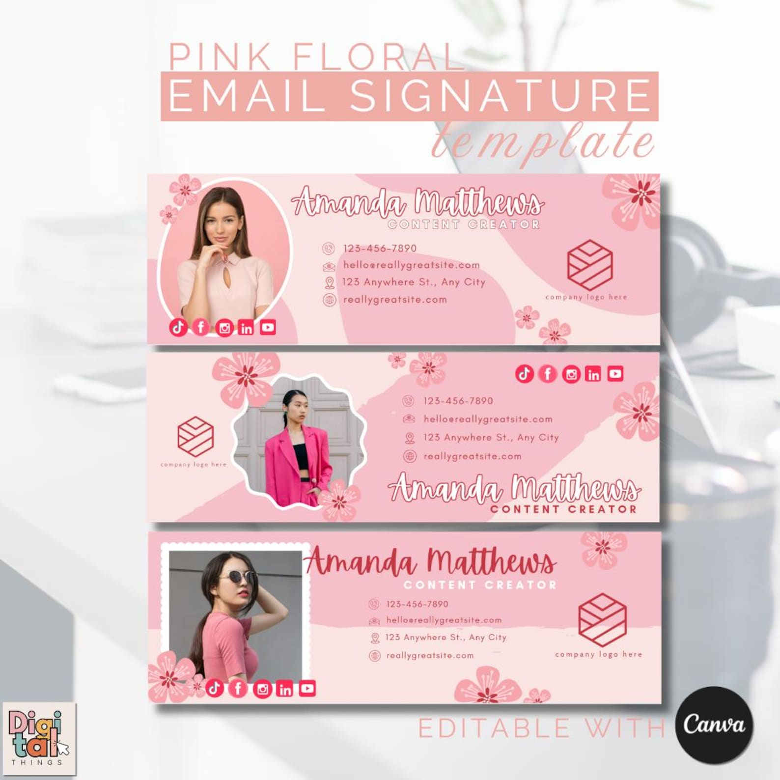 Pink Floral Email Signature, Email Signature, Signature Template, Gmail ...
