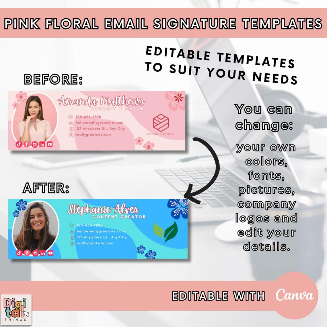 Pink Floral Email Signature, Email Signature, Signature Template, Gmail ...