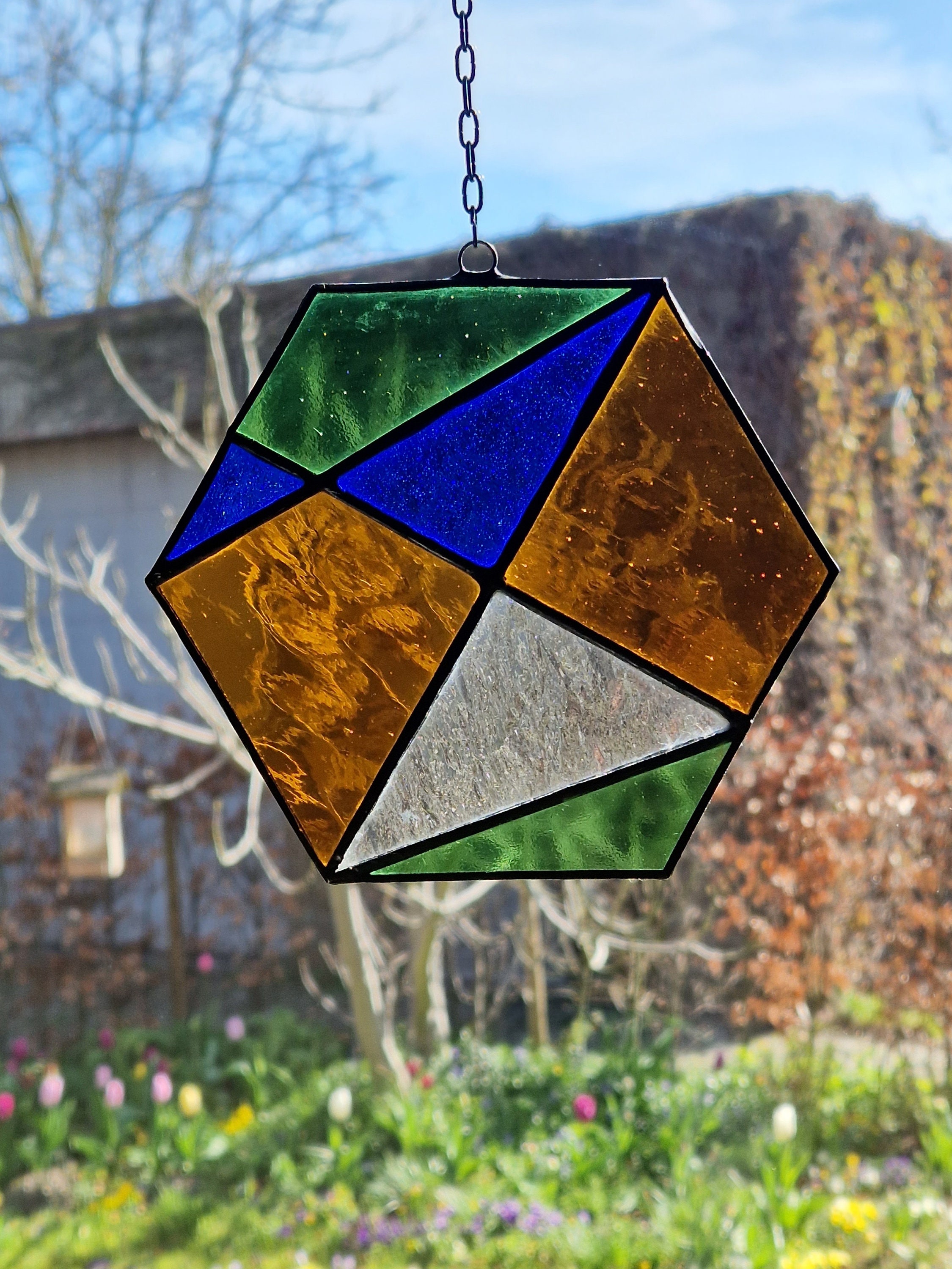Hexagonal Stained Glass Suncatcher, Geometric Window Decoration ...