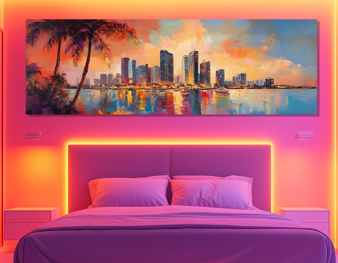Miami Skyline Canvas Print – Tropical Sunset Wall Art – Miami City ...