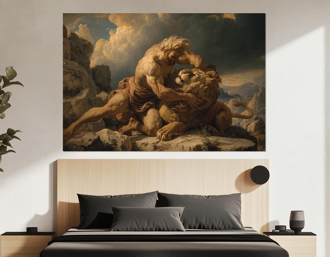 Heracles and the Nemean Lion Canvas Print – Greek Mythology Wall Art ...