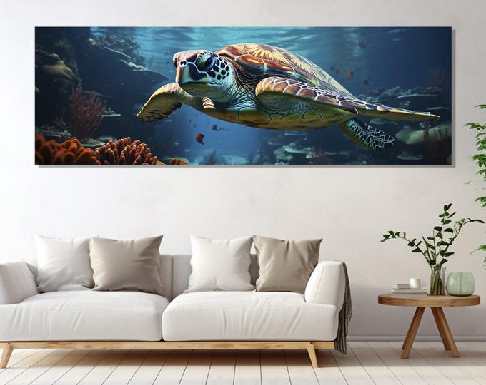 Sea Turtle Embrace. Vibrant Colorful Oil Painting Sea Life Canvas Wall ...