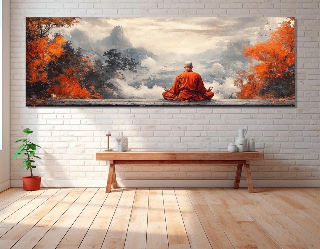 Zen Monk Wall Art – Autumn Meditation Print – Tranquil Mountain ...