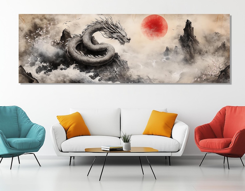 Chinese Dragon and Red Sun Canvas Print – Oriental Ink Dragon Painting ...