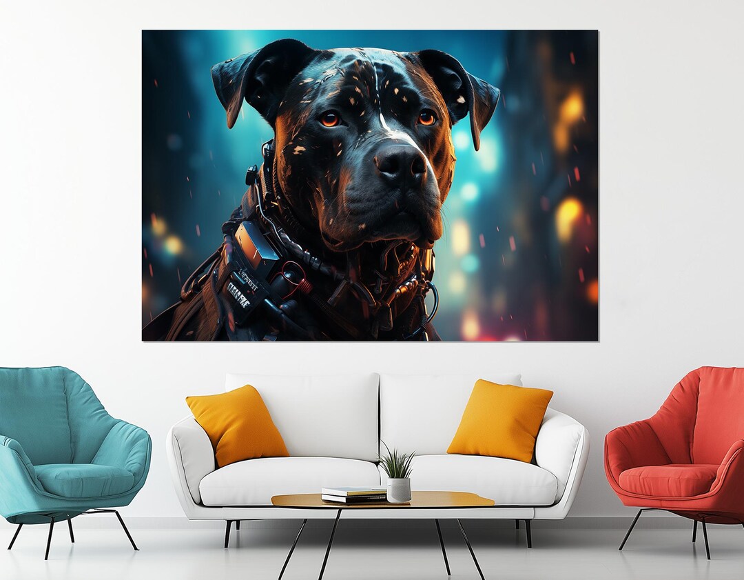 Cyberpunk Pit Bull Canvas Print– Futuristic Street Dog Painting – Neon ...