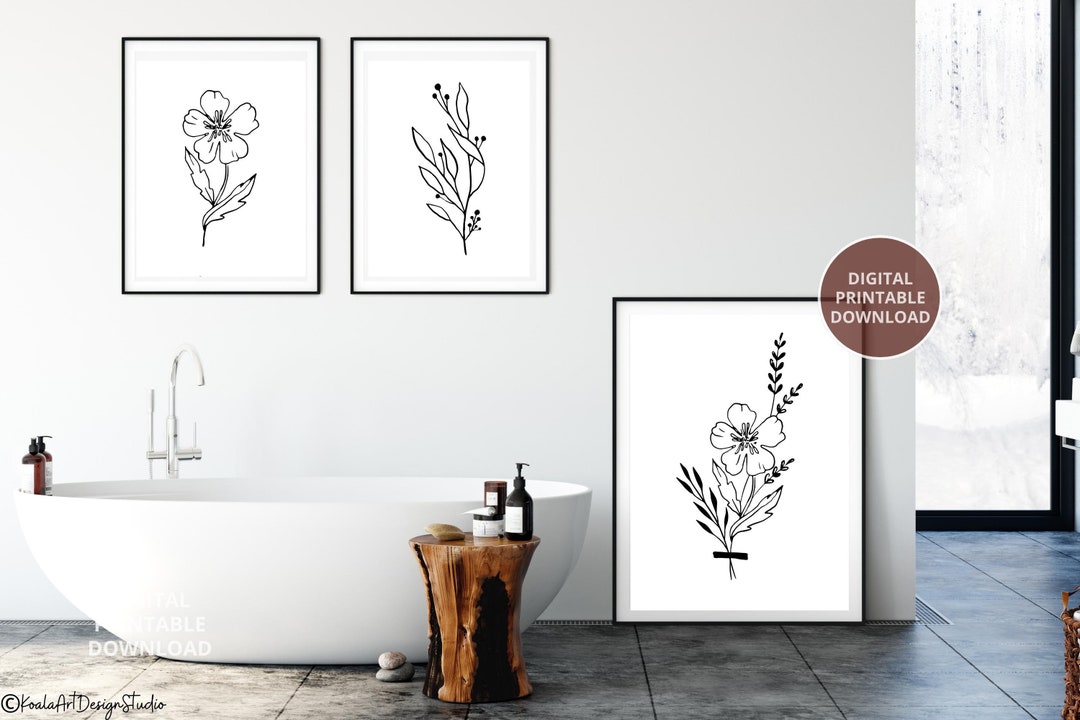 Flower Line Art Set of 3, Boho Flower Art Line, Minimal Art Print, Wall ...