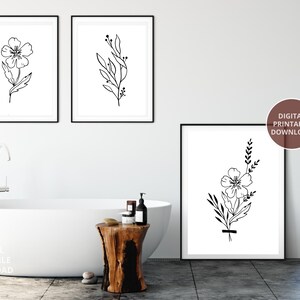 Flower Line Art Set of 3, Boho Flower Art Line, Minimal Art Print, Wall ...