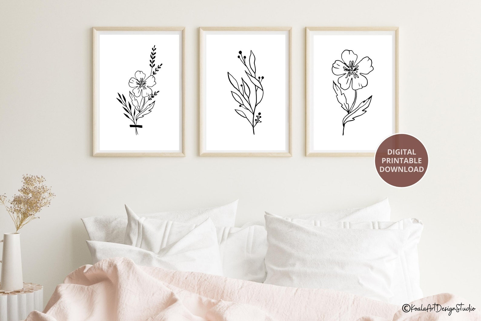 Flower Line Art Set of 3, Boho Flower Art Line, Minimal Art Print, Wall ...