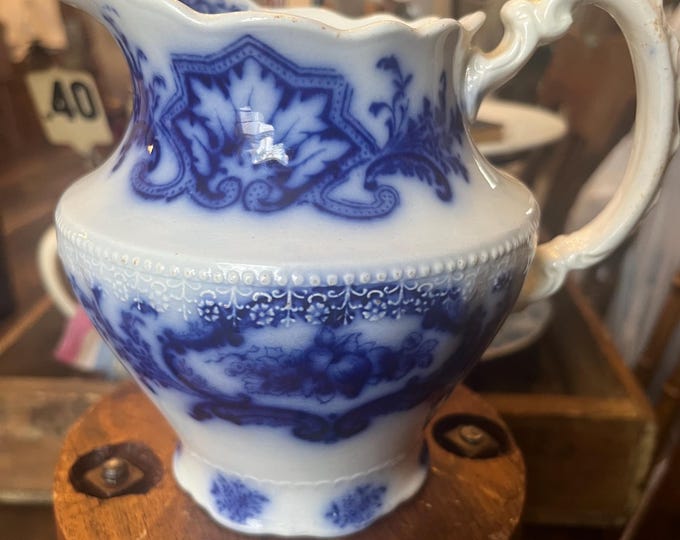 English Ironstone Flow Blue Water Pitcher Grimmley Alaska Trademark 7 ...
