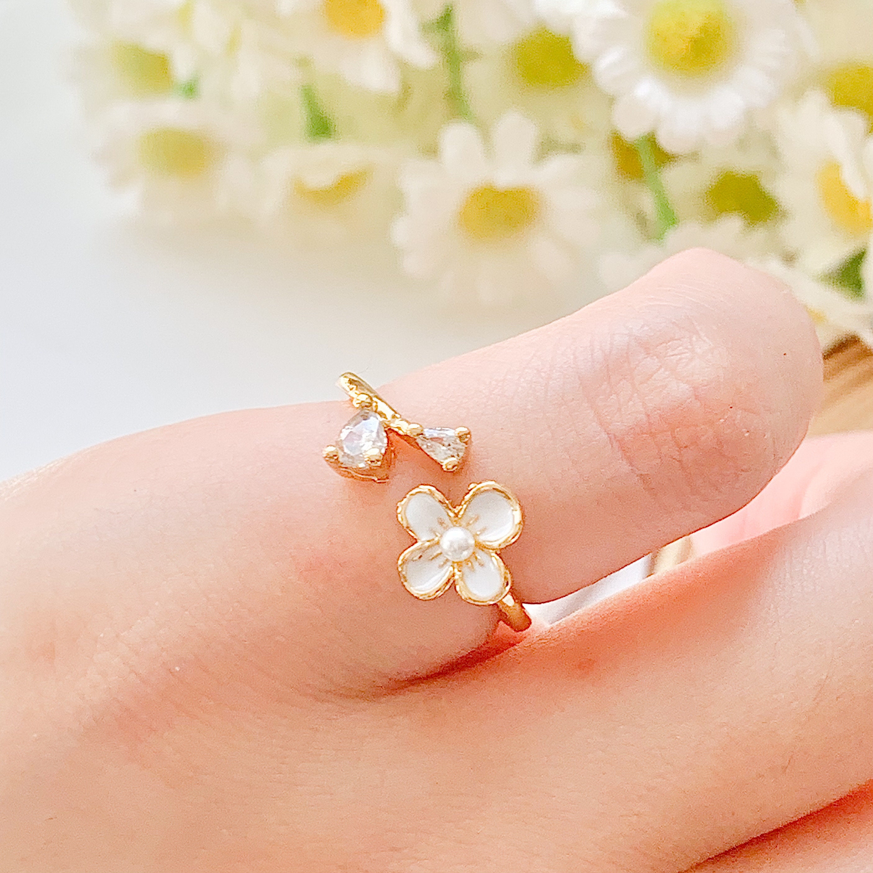Dainty Flower Ring With Zircon Kawaii Floral Ring Cottagecore Flower ...