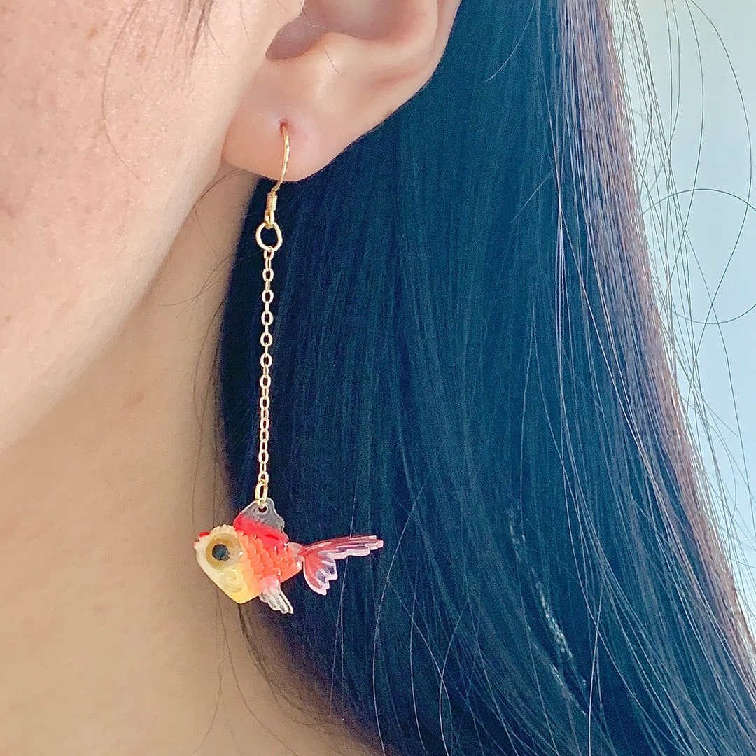 Kawaii Japanese Goldfish and Glass Tank Earrings Funky Dangle & Drop ...