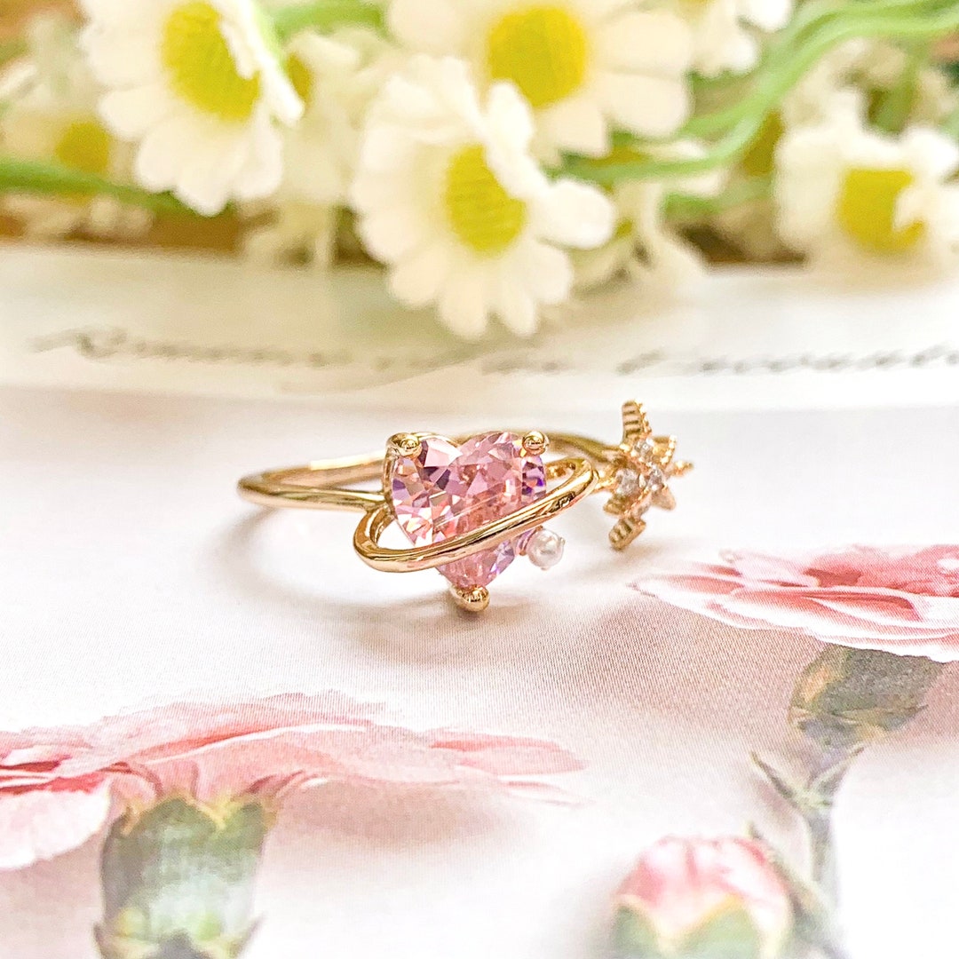 Kawaii Heart Ring Adjustable Love Ring Pink Crystal Ring Y2K Ring Heart ...