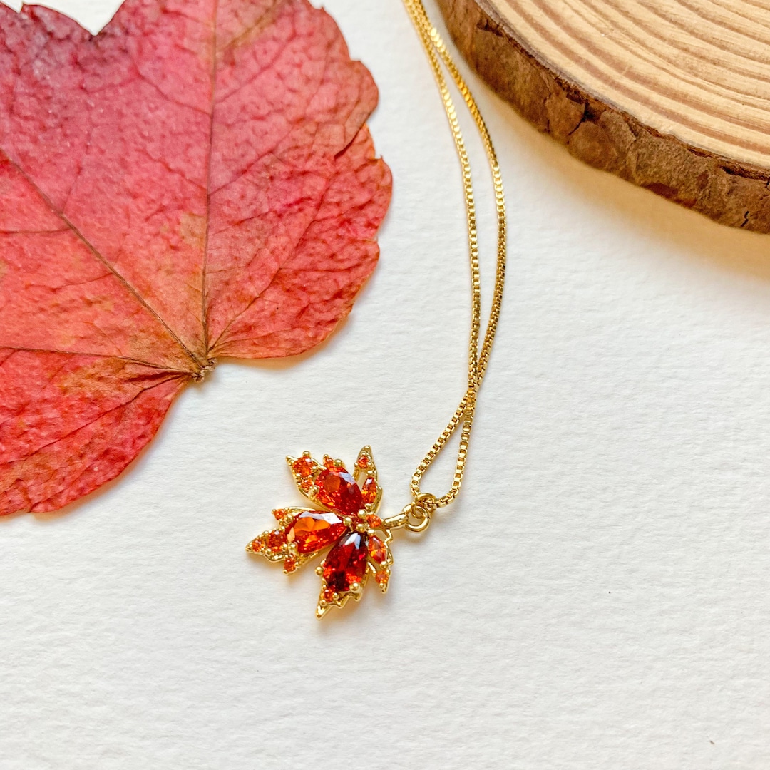 Maple Leaf Necklace & Earring Set Zircon Necklace Cottagecore Dainty ...