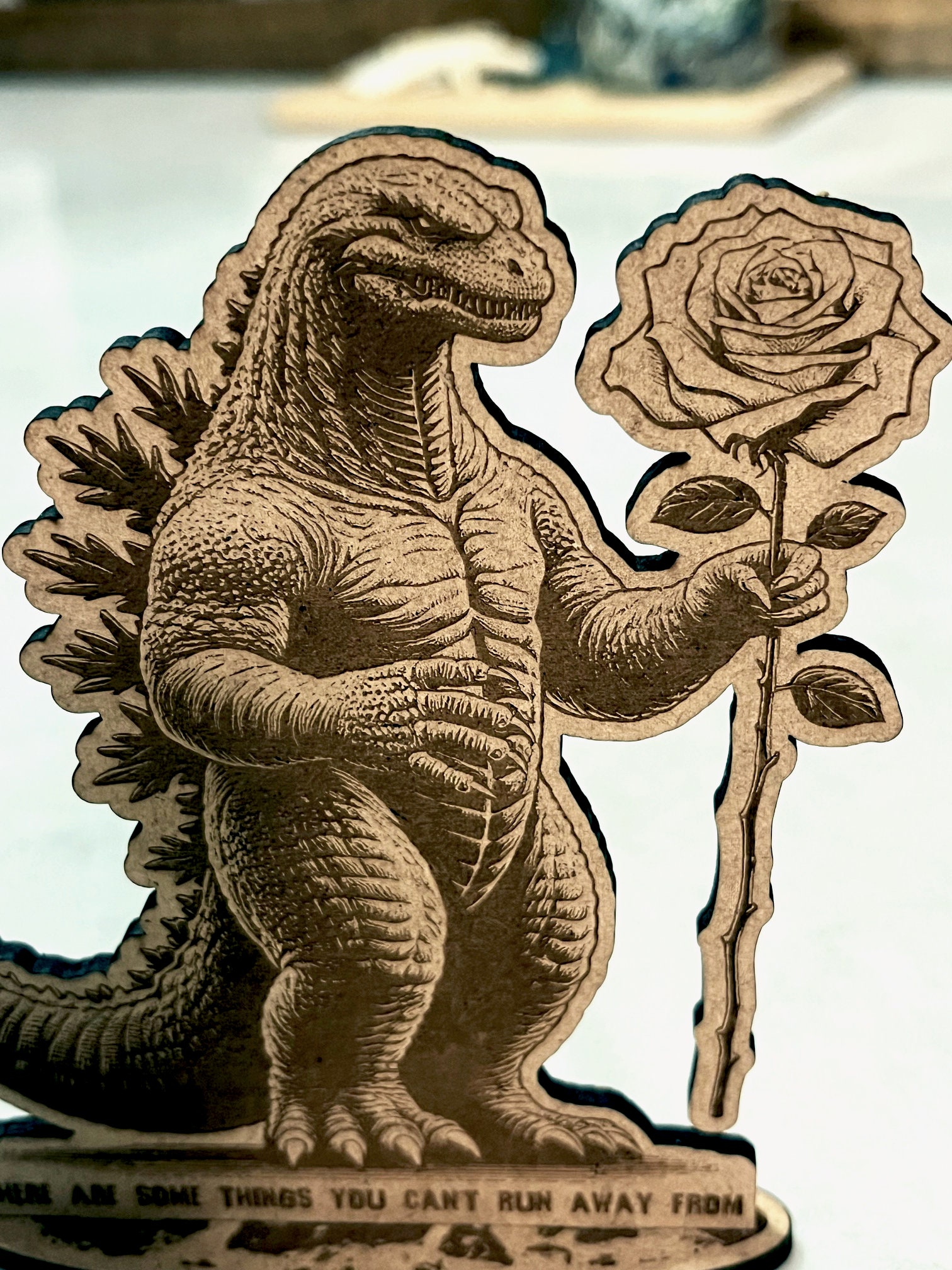 Laser-engraved Godzilla Holding a Rose A Legendary Statement of Passion ...