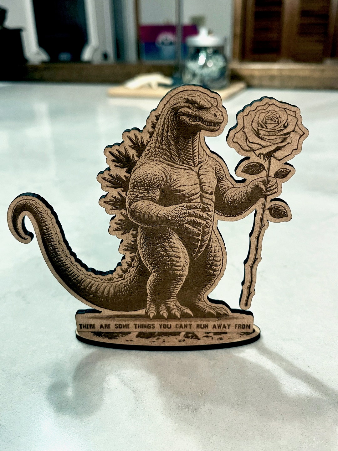 Laser-engraved Godzilla Holding a Rose A Legendary Statement of Passion ...