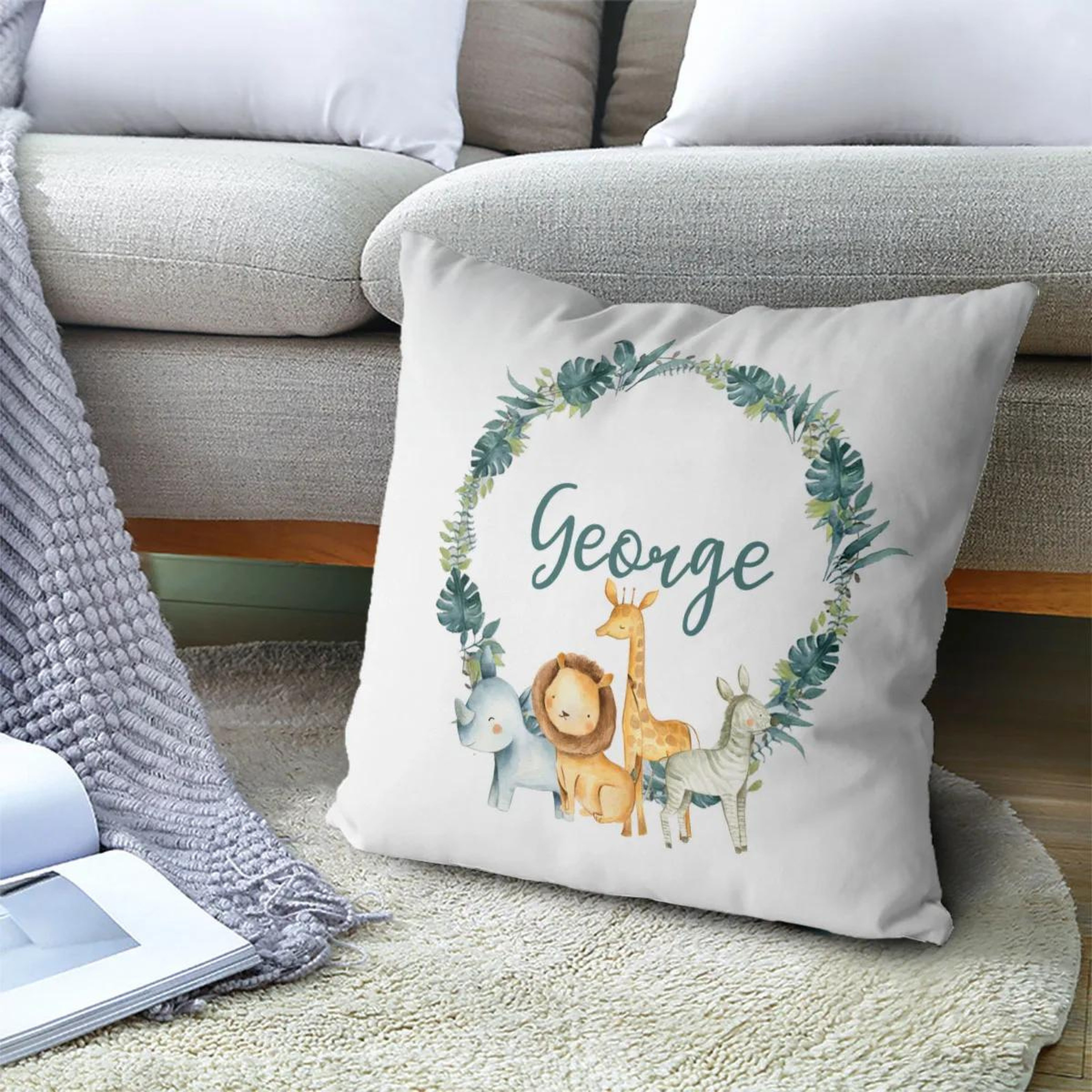Personalised New Baby Cushion Jungle Nursery Cushion Personalised Boy's ...