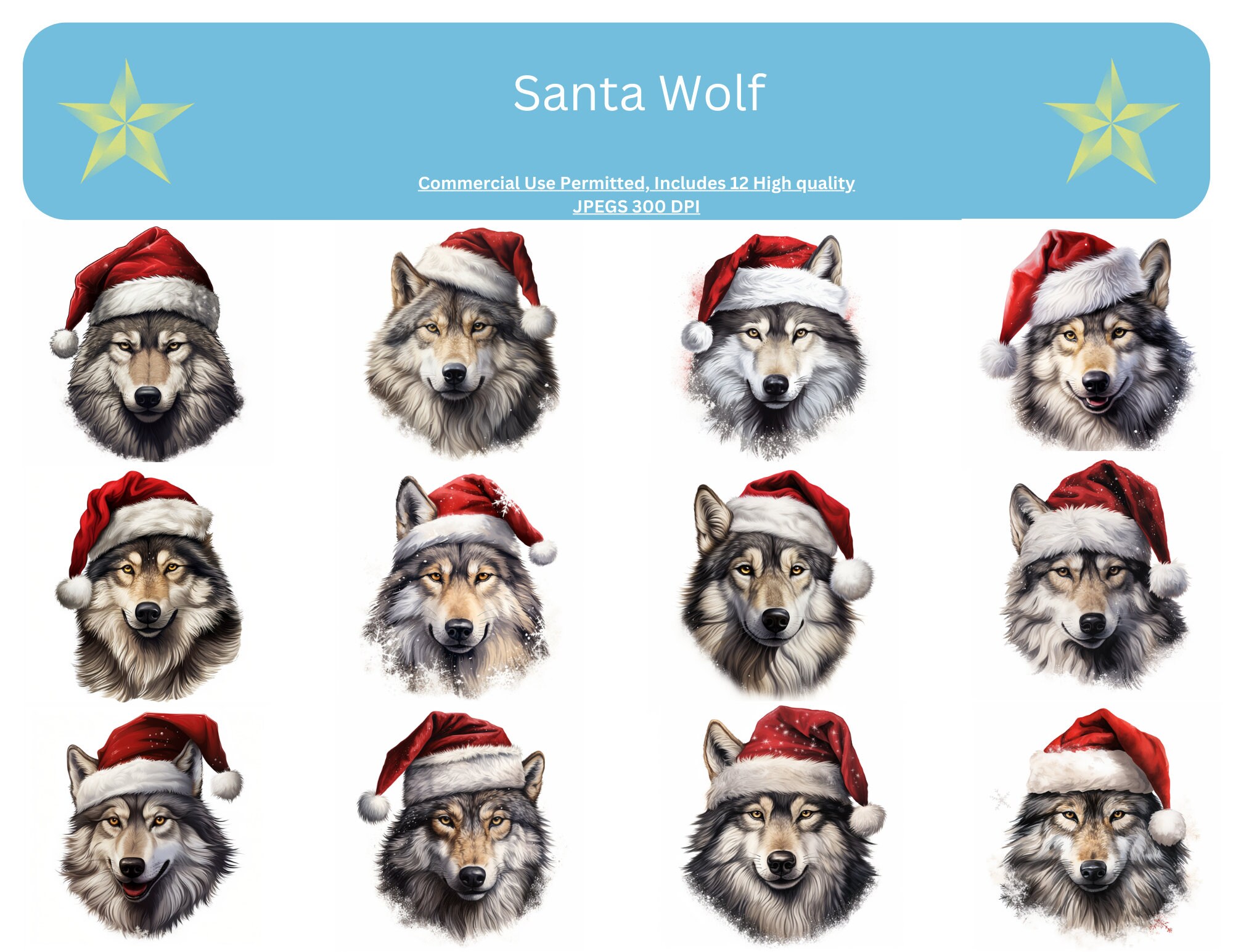 12 Santa Wolves High Quality Jpgs Digital Download Card Making, Mixed ...