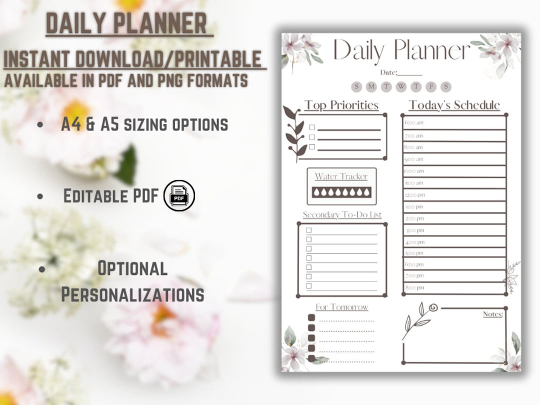 Daily Planner Printable, to Do List, Instant Download, PDF, Floral ...