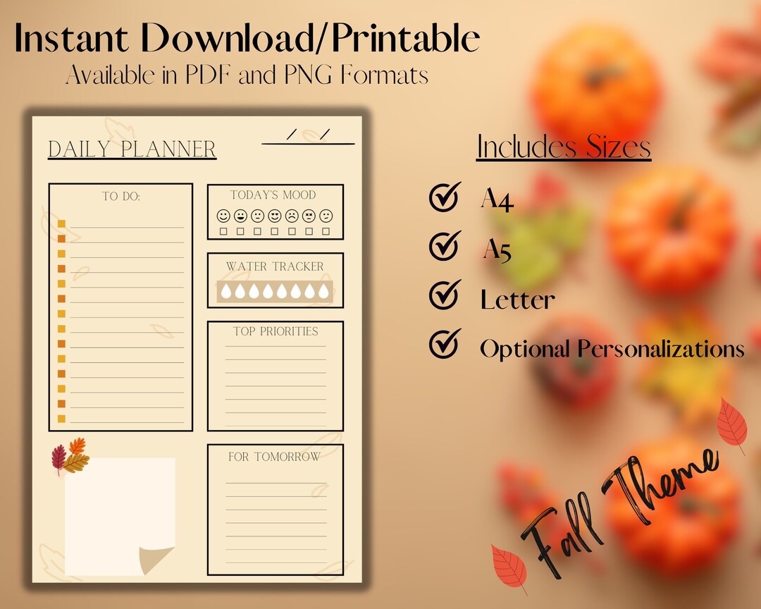 Fall Theme Daily Planner, Instant Download Printable, Fall Leaves ...