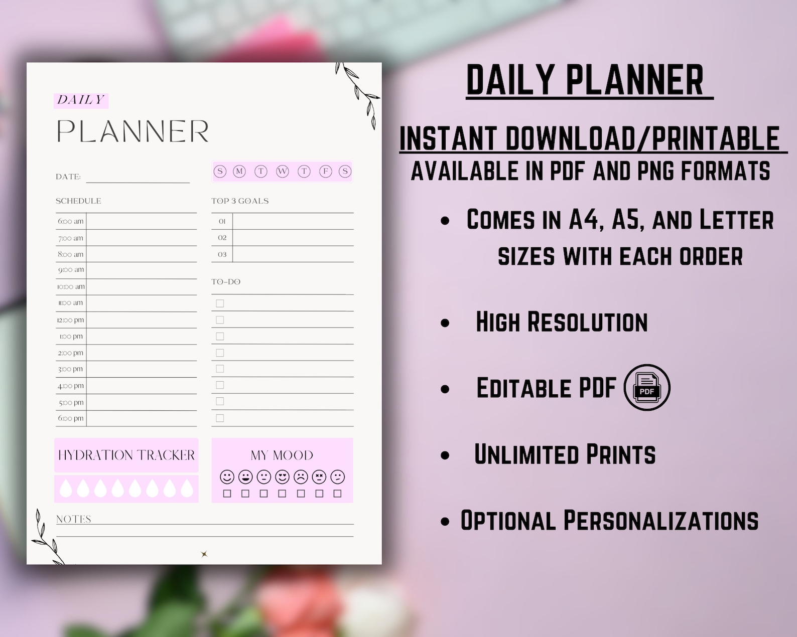 Daily Planner Printable, to Do List, Water Tracker, Instant Download ...