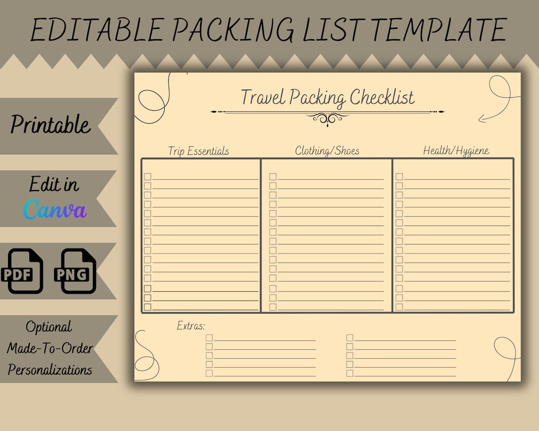 Travel Packing List, Editable Template, Printable, PDF, Digital ...