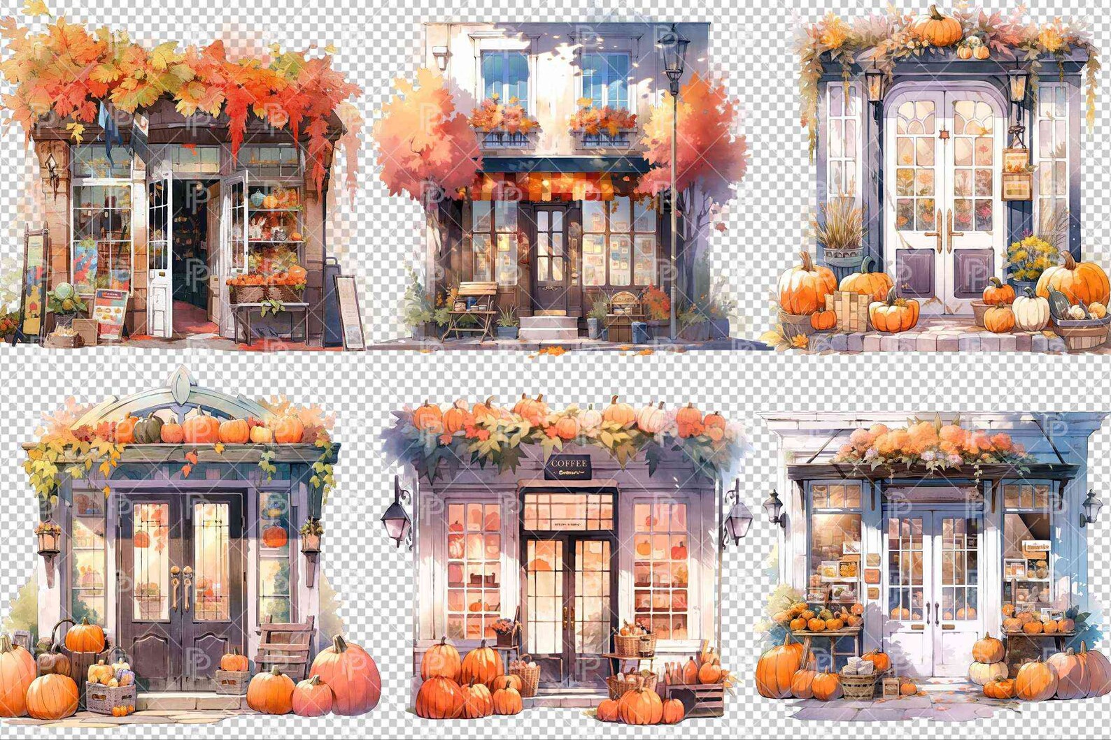 Watercolor Autumn Storefronts Clipart Bundle - Cute Fall Shops ...