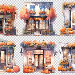 Watercolor Autumn Storefronts Clipart Bundle - Cute Fall Shops ...
