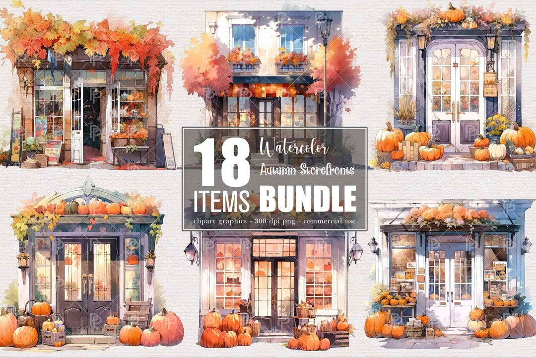 Watercolor Autumn Storefronts Clipart Bundle - Cute Fall Shops ...