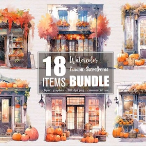 Watercolor Autumn Storefronts Clipart Bundle - Cute Fall Shops ...