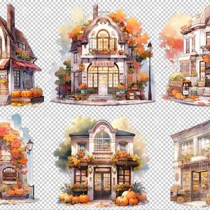 Watercolor Autumn Storefronts Clipart Bundle - Cute Fall Shops ...