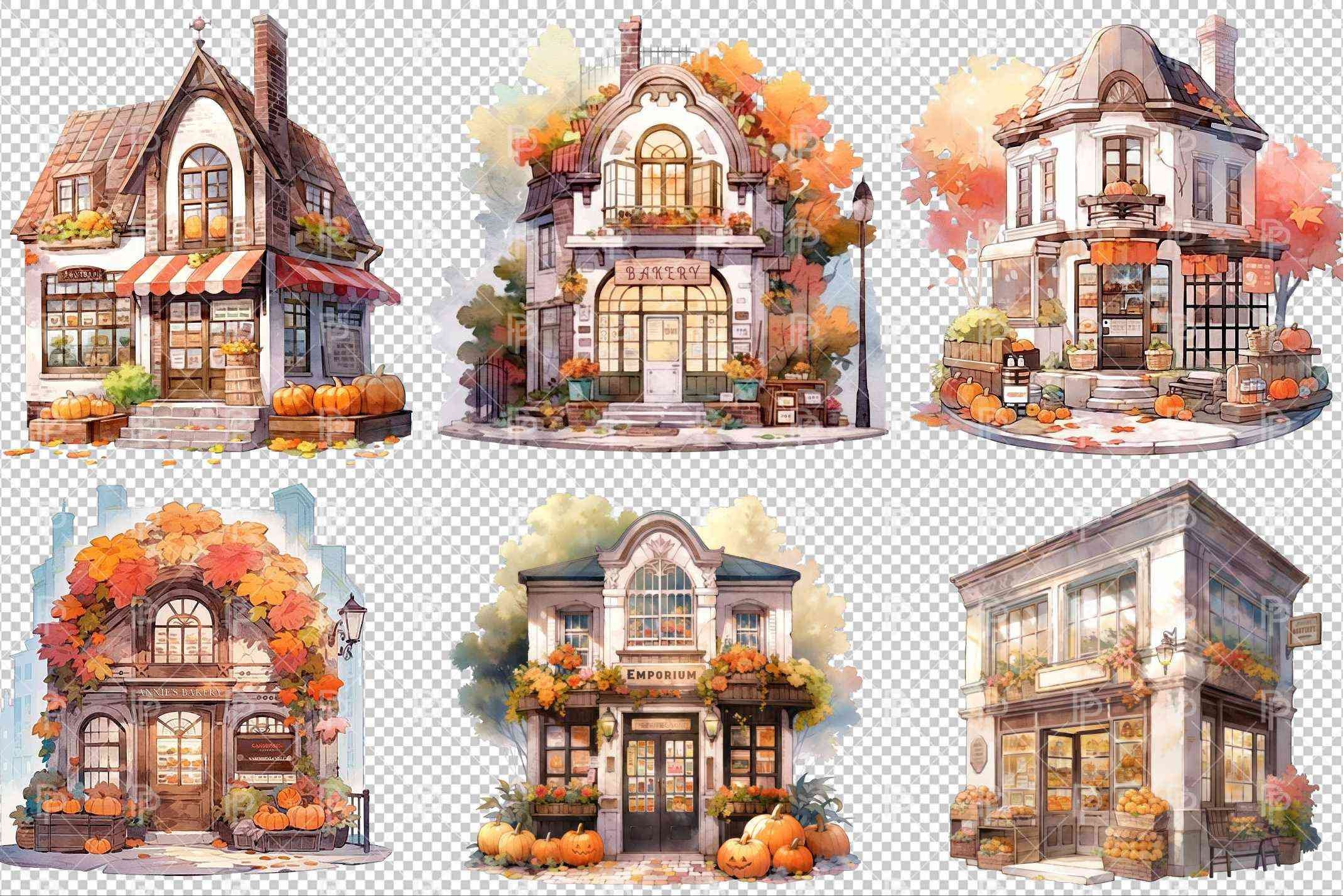 Watercolor Autumn Storefronts Clipart Bundle - Cute Fall Shops ...