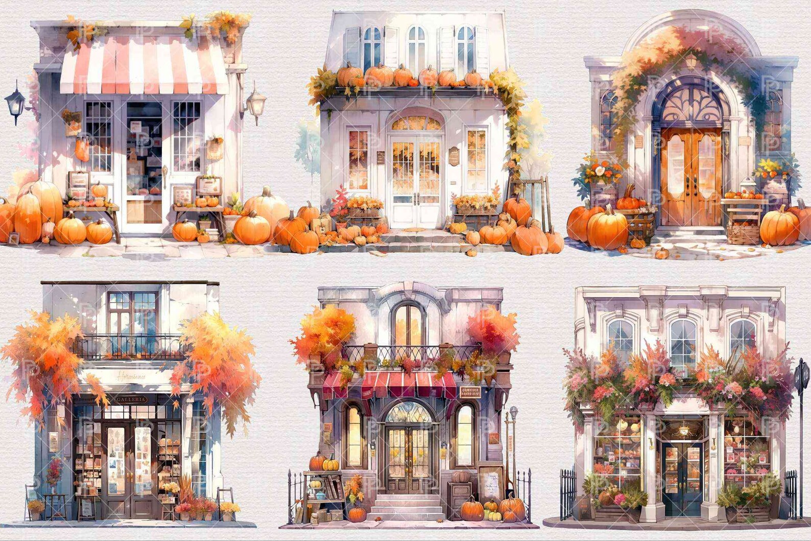 Watercolor Autumn Storefronts Clipart Bundle - Cute Fall Shops ...