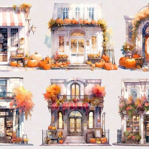 Watercolor Autumn Storefronts Clipart Bundle - Cute Fall Shops ...