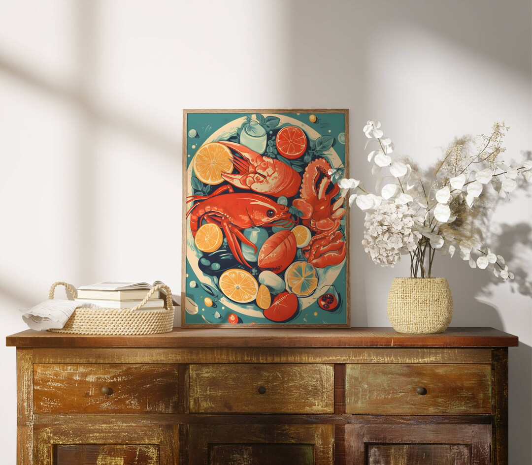 Fruit De Mer Poster | Sea Food Kitchen Artwork | Lobster & Shrimps Wall ...