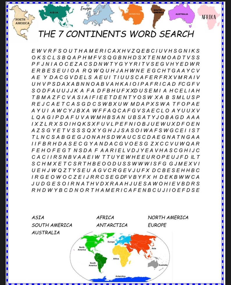The 7 Continents Word Search - Etsy