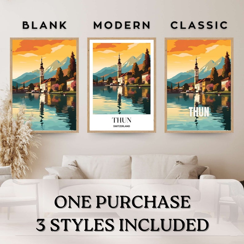 Thun Am Thunersee Travel Poster Switzerland Mountains Skiing Hiking ...