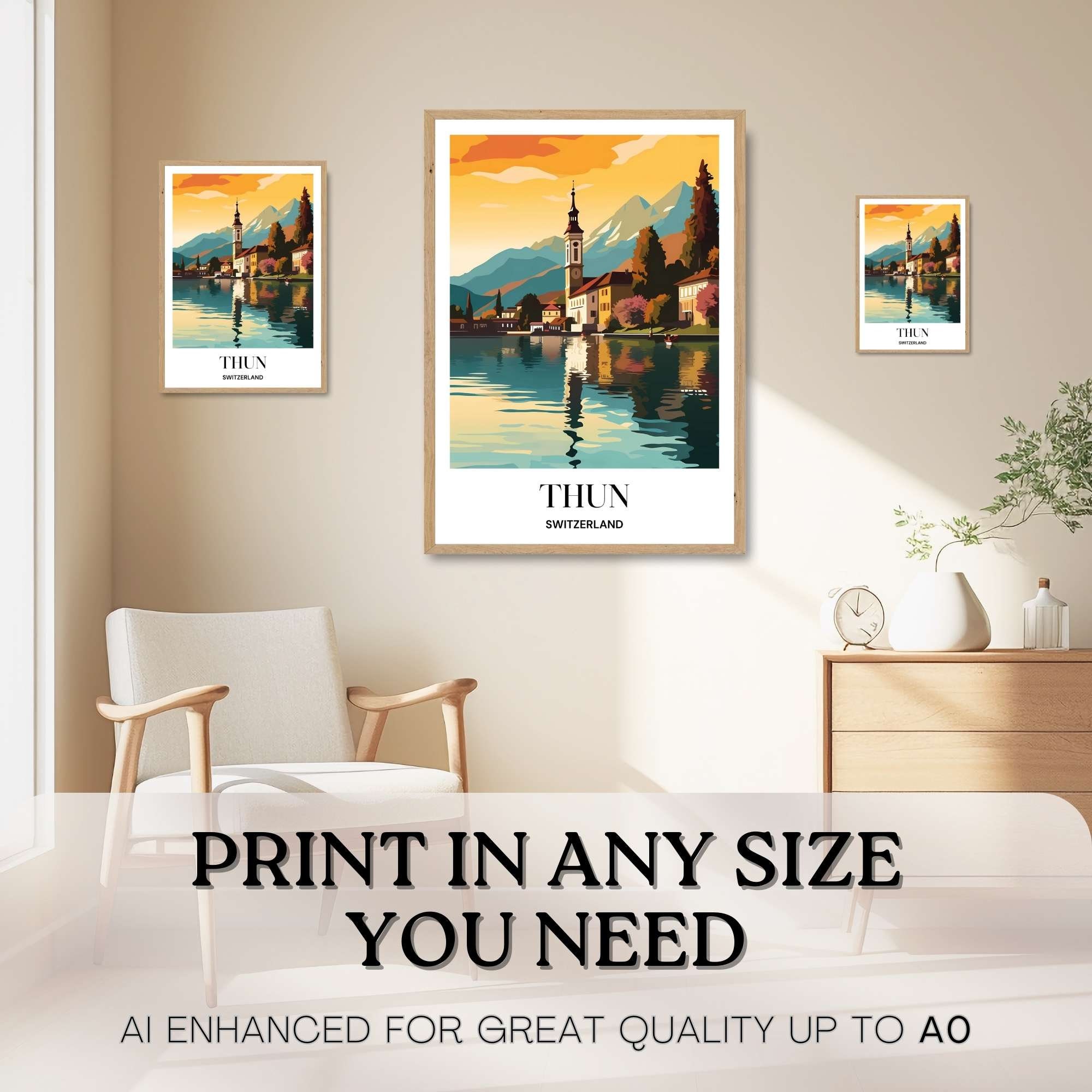 Thun Am Thunersee Travel Poster Switzerland Mountains Skiing Hiking ...