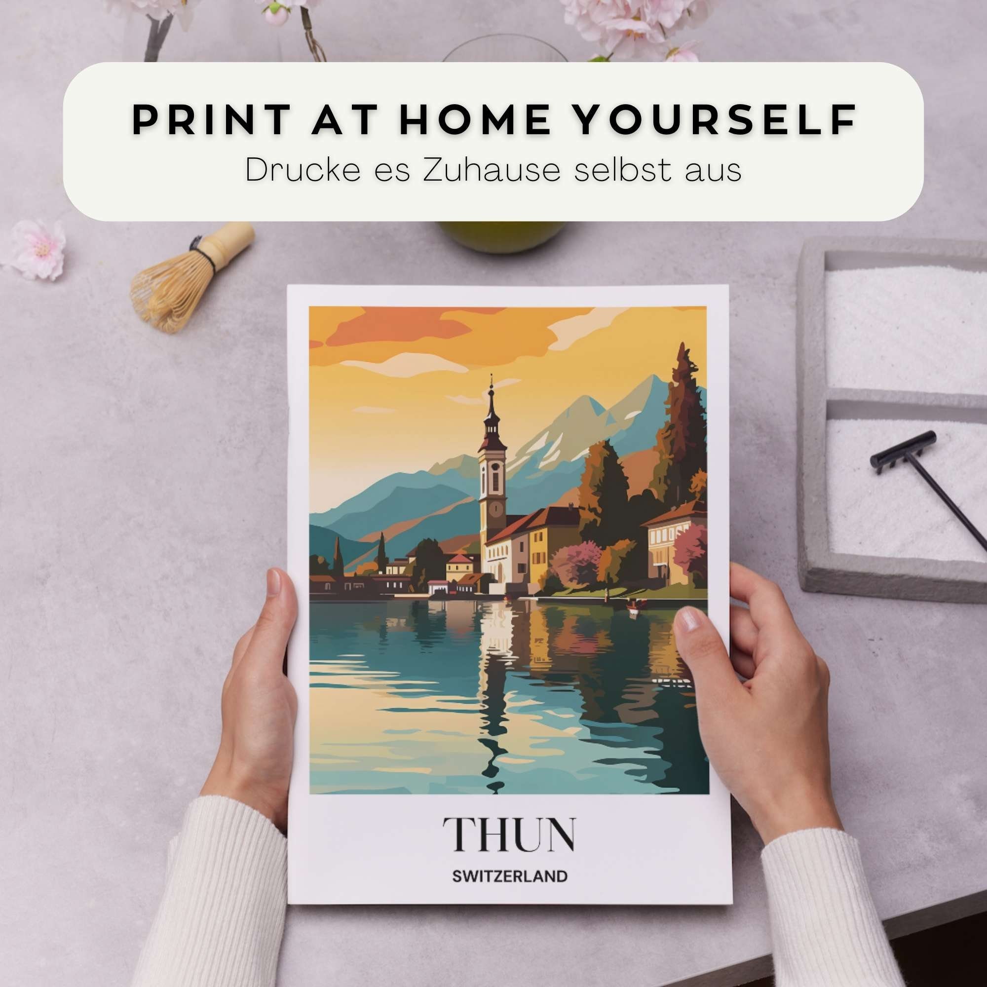 Thun Am Thunersee Travel Poster Switzerland Mountains Skiing Hiking ...