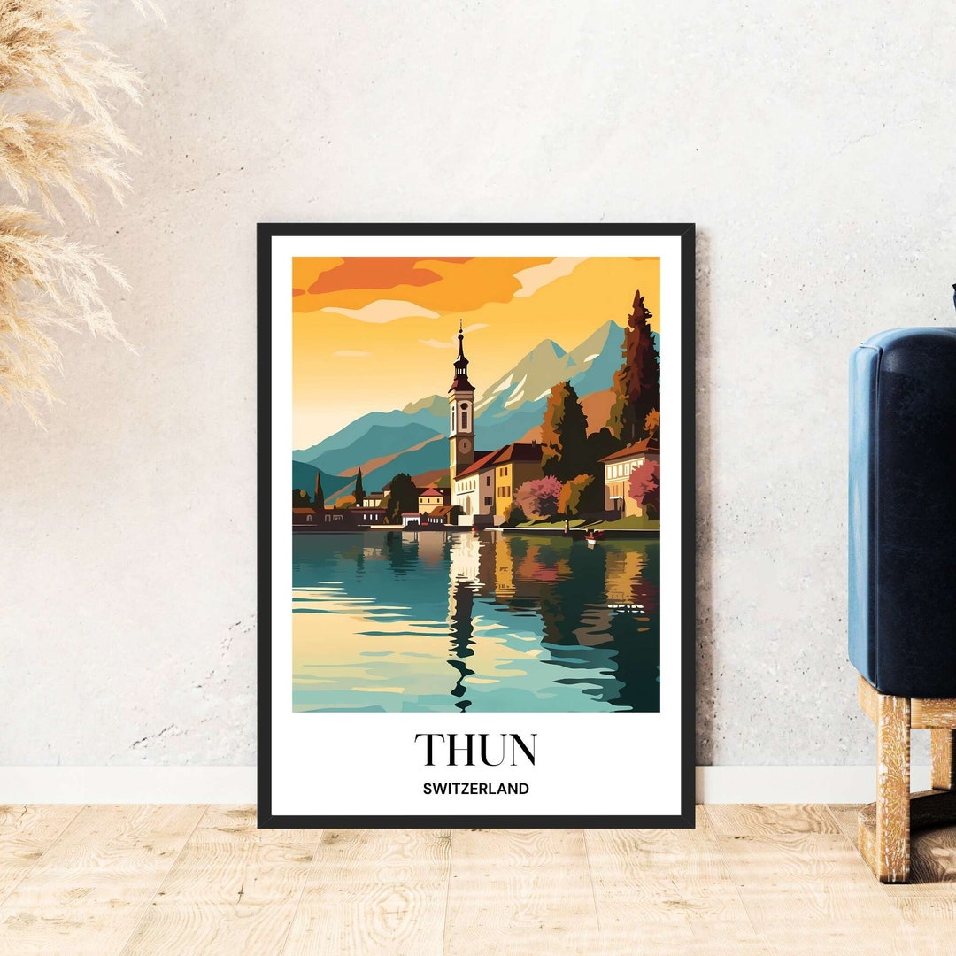 Thun Am Thunersee Travel Poster Switzerland Mountains Skiing Hiking ...